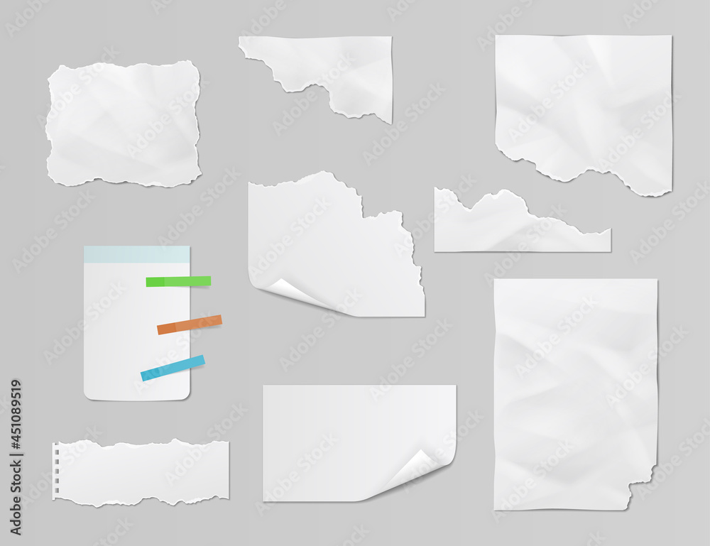 White ripped paper notes, sheets and strips collection. Realistic paper ...