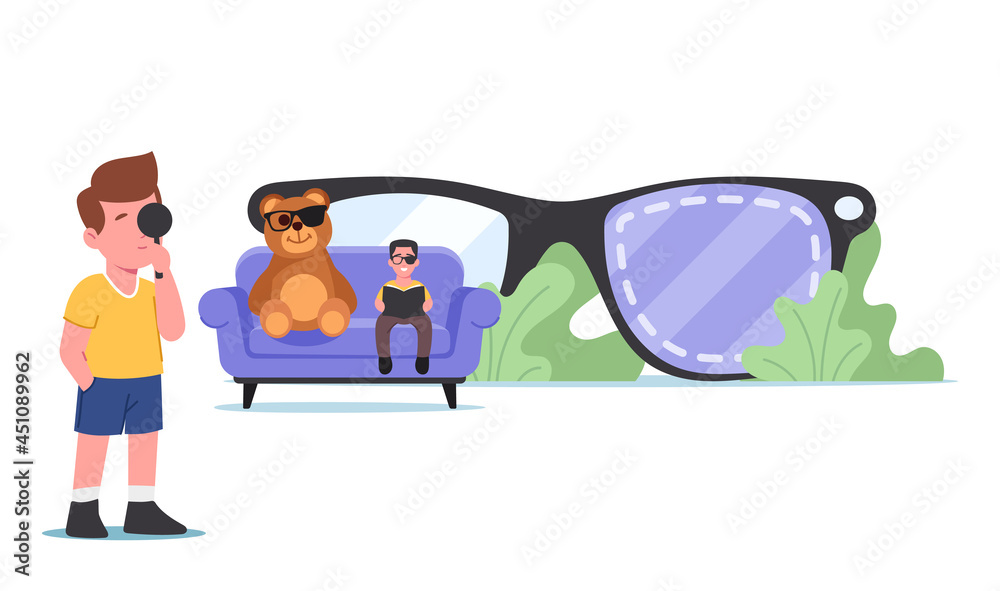 Lazy Eye Amblyopia, Strabismus Disease Concept. Tiny Kids Characters ...