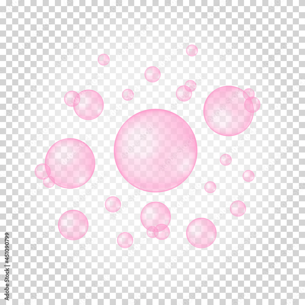 Floating pink bubbles on transparent background. Cherry or strawberry ...
