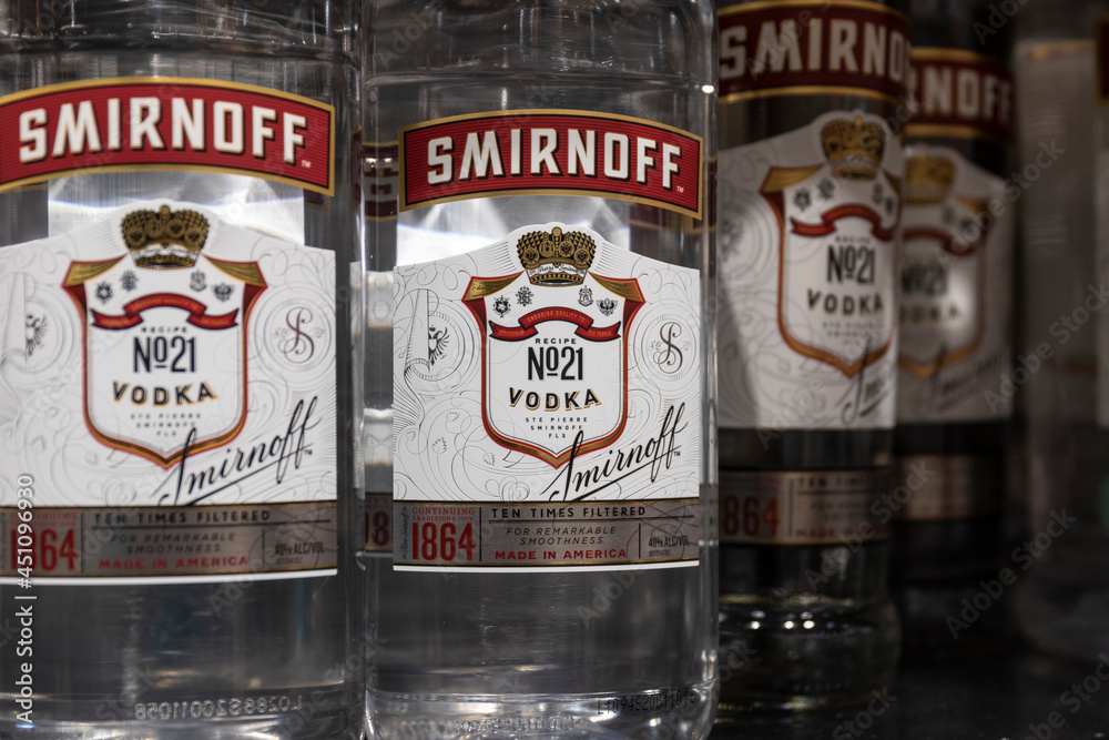 Smirnoff vodka display. Smirnoff vodka is the most popular vodka in the ...