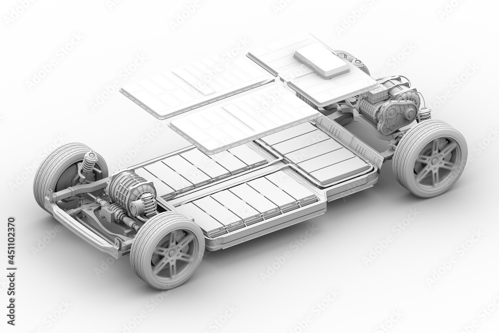 Explode view of electric vehicle chassis equipped with battery pack ...