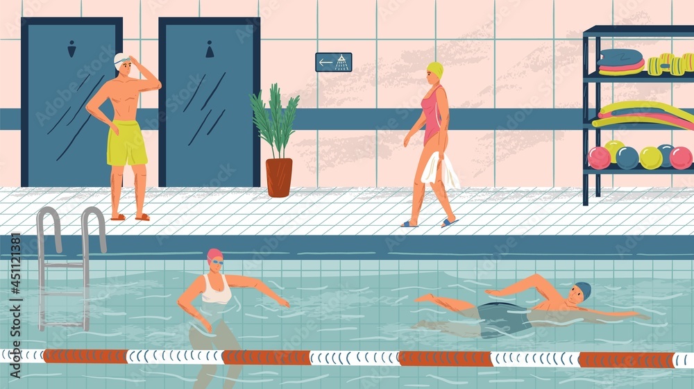 People swim in public swimming pool concept vector illustration set ...
