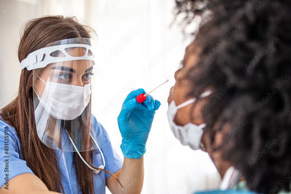 Doctor taking PCR test nasopharyngeal culture to woman patient. Nurse ...