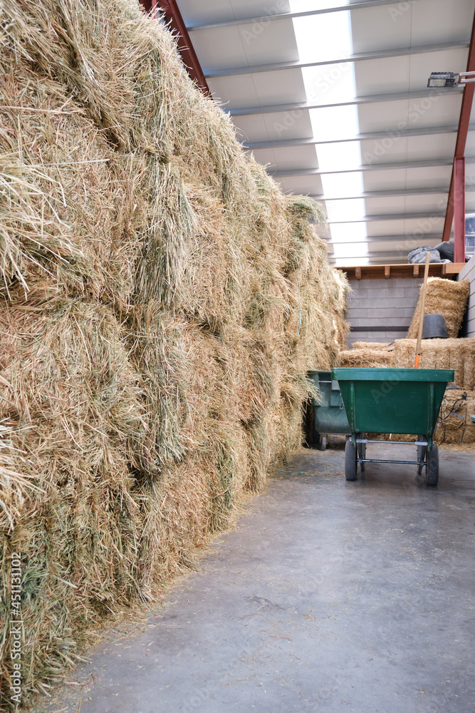Straw bales stacked in a storeroom. Stock Photo | Adobe Stock