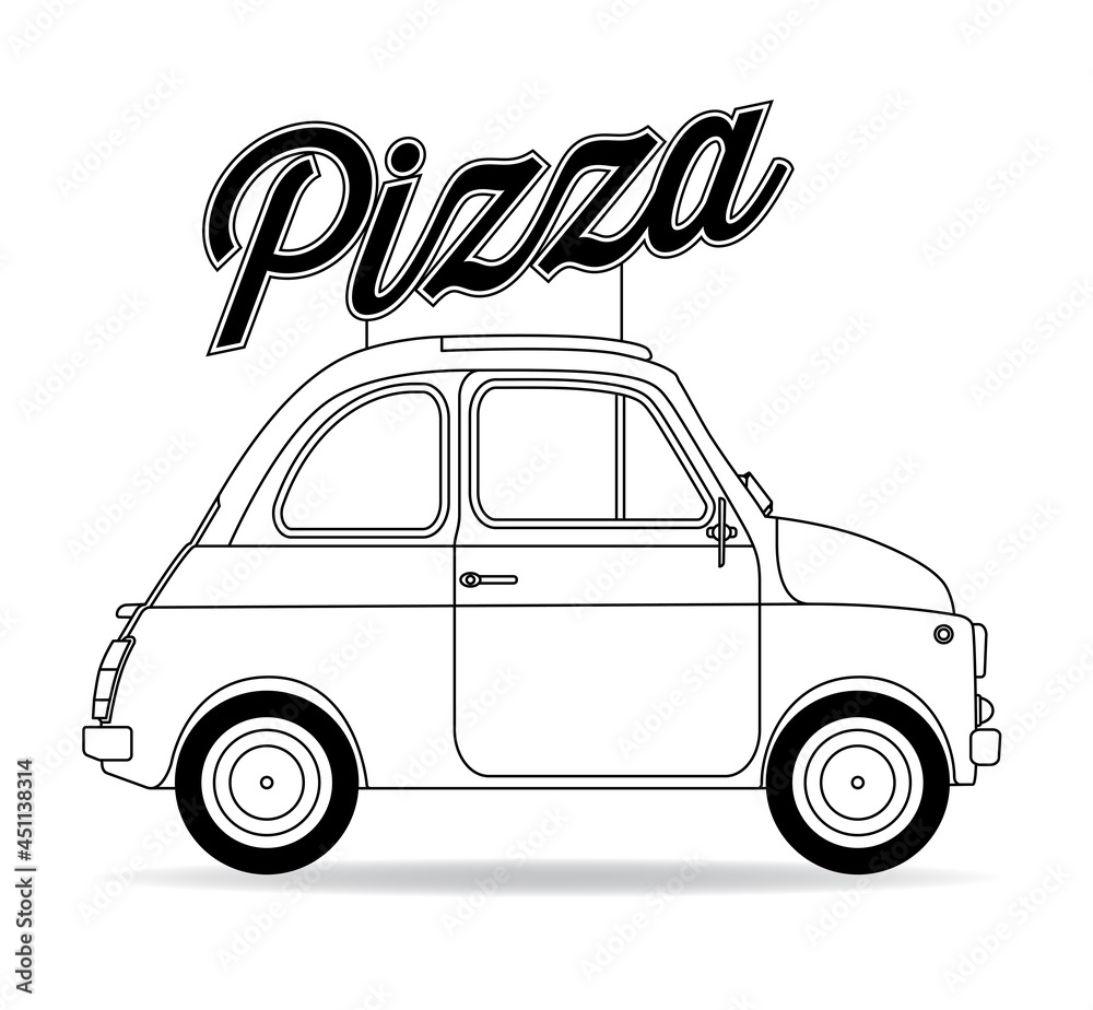 Ein kleiner Fiat 500 mit dem Schriftzug Pizza auf dem Dach Stock Vector ...