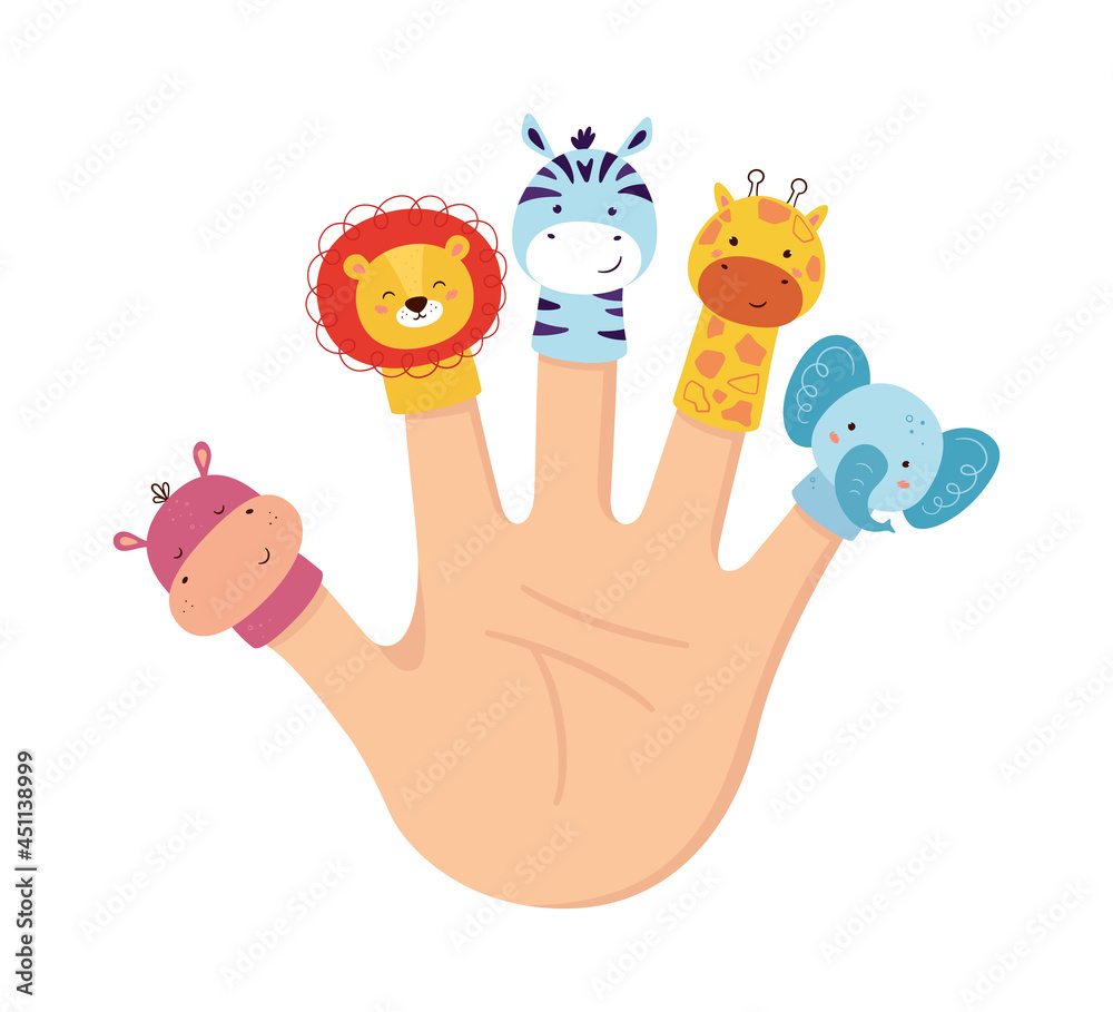 Hand animal puppets. Children finger theater. Family leisure. Lion ...