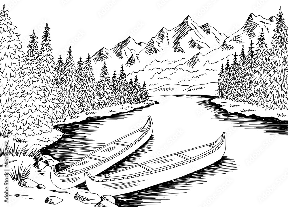 Canoe boat graphic river black white landscape sketch illustration ...