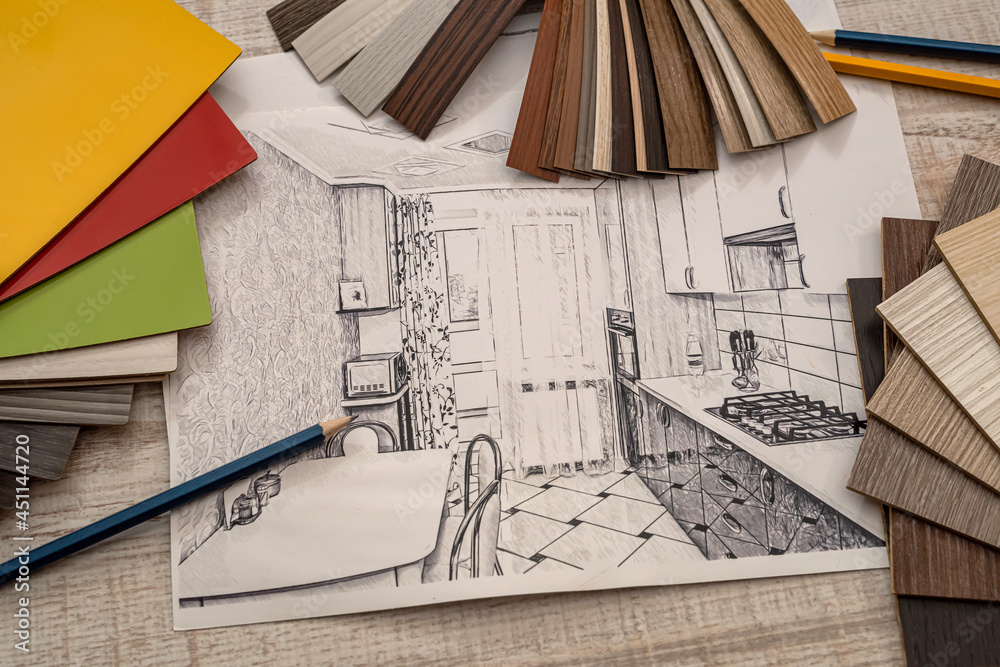 house drawing with color swatches, pencil for renovation Stock Photo ...