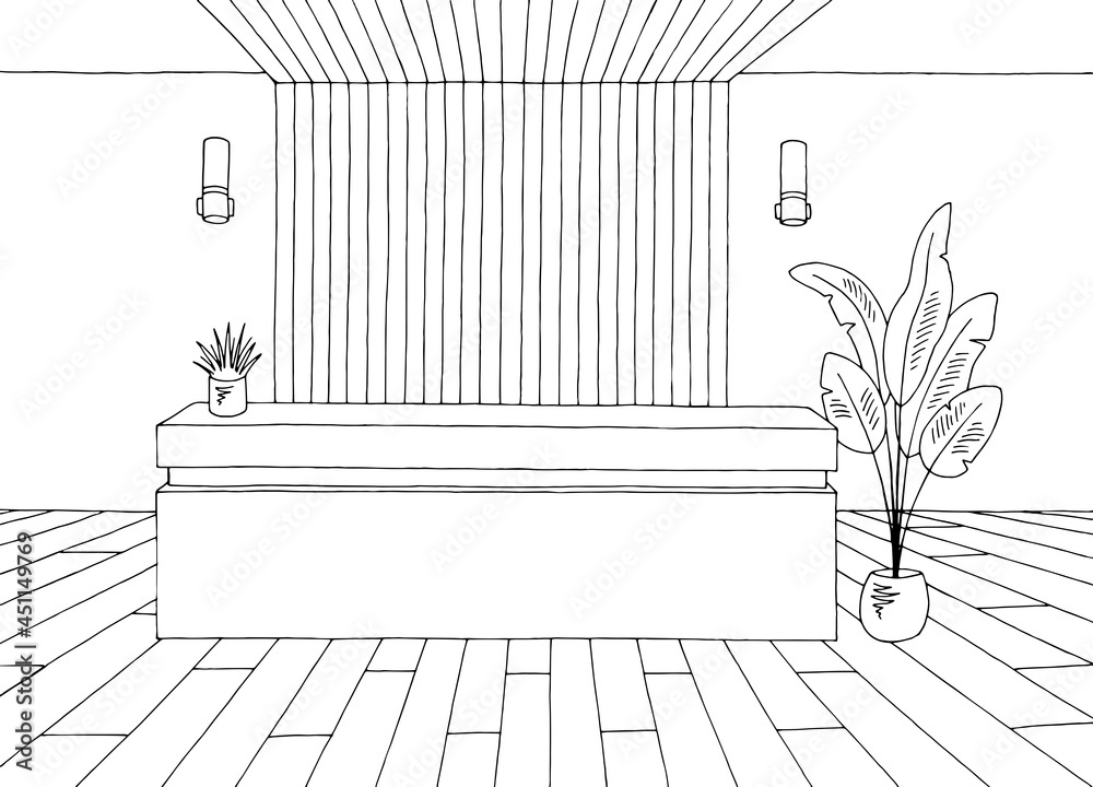 Hotel reception lobby interior graphic black white sketch illustration ...