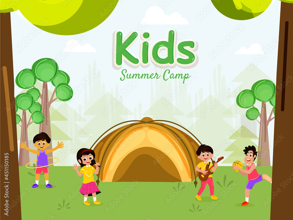 Summer Camp Poster Design With Children Enjoying Together On Natural ...