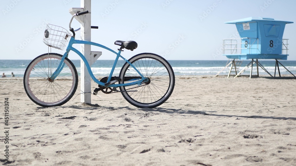 Blue bicycle, cruiser bike by ocean beach, pacific coast, Oceanside ...