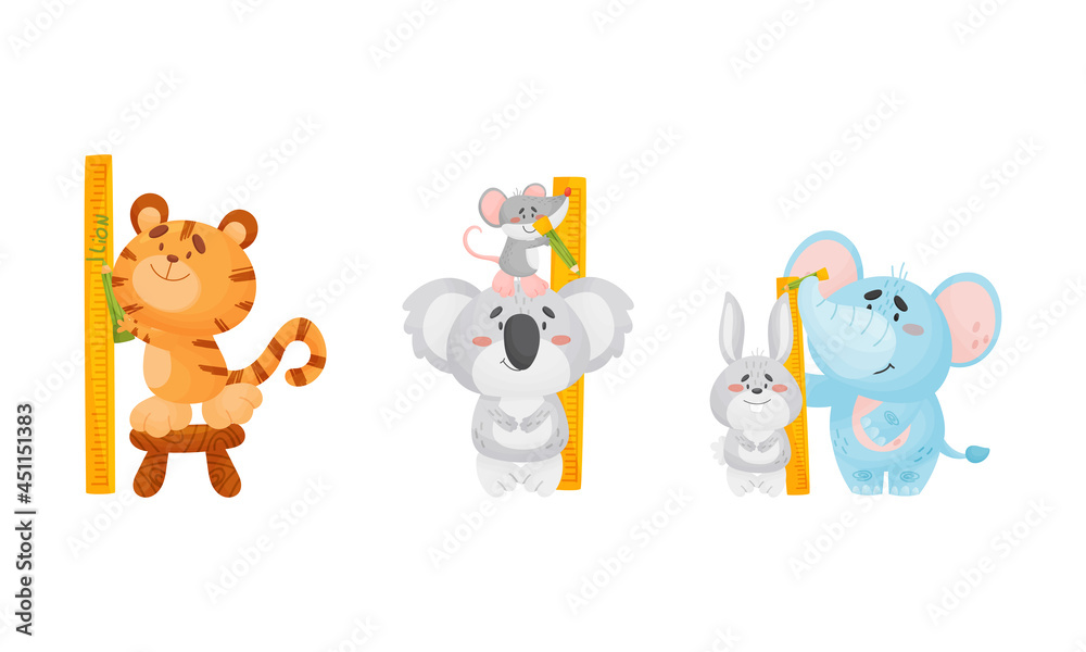 Adorable animals measuring height set. Cute tiger, koala, elephant ...