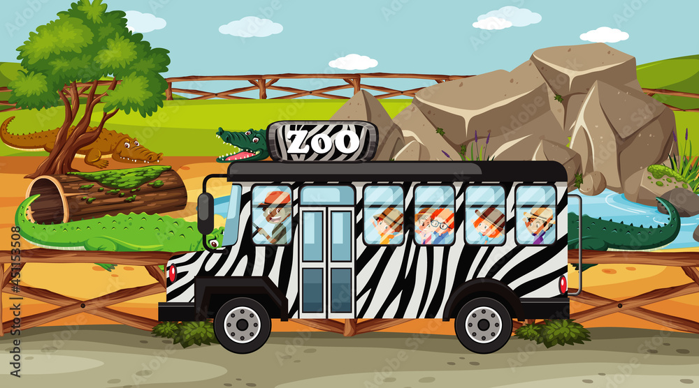 Zoo scene with children in the bus touring Stock Vector | Adobe Stock
