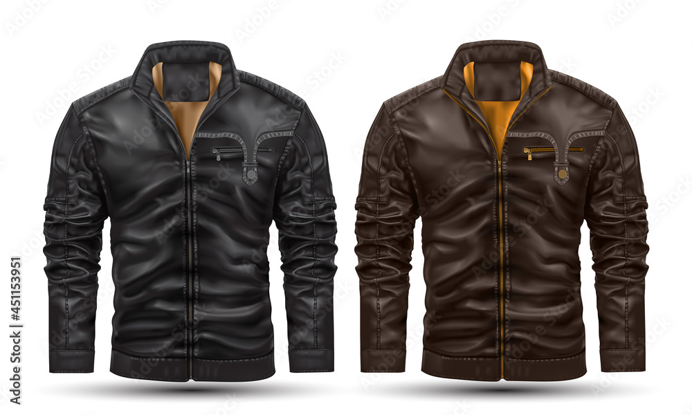 Realistic jacket leather black brown collection on white background ...