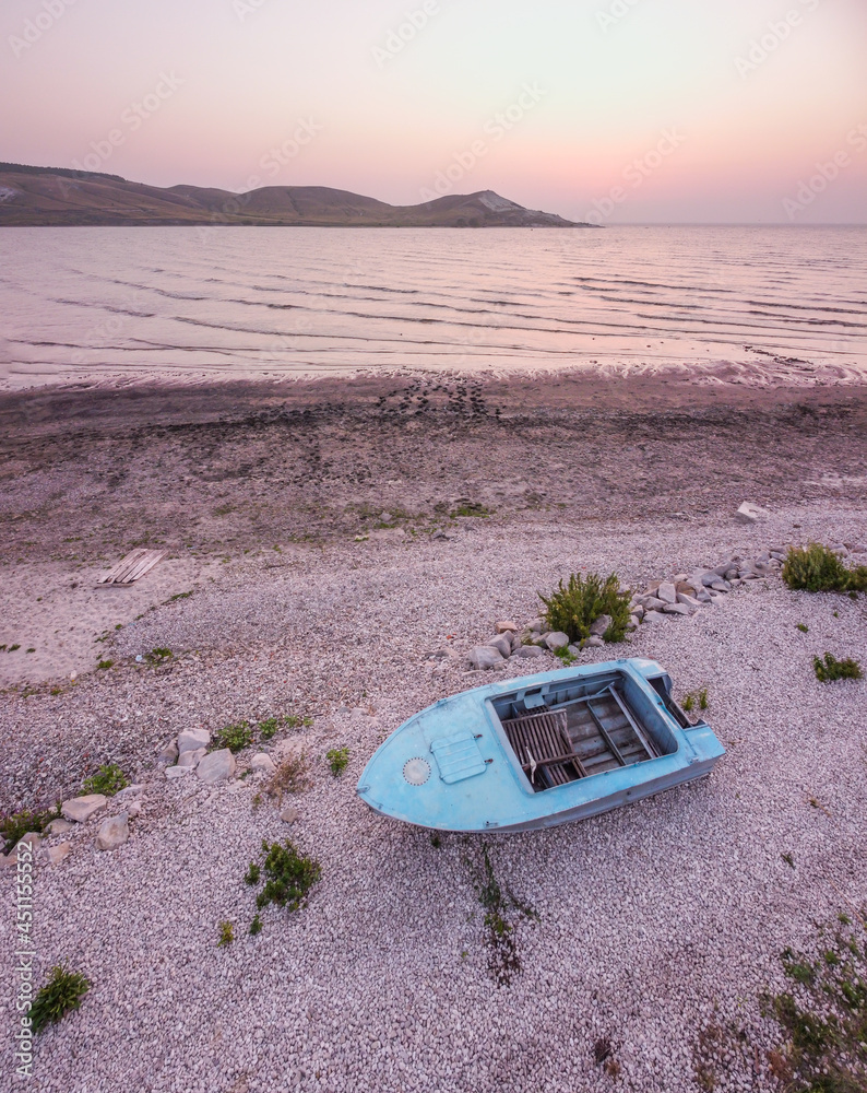 aerial view, colorful purple sunrise at coastline of Volga river in ...
