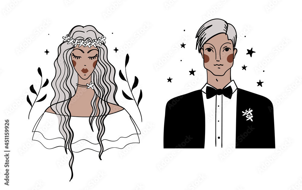 Bride and groom line icons, girl in dress and guy in suit, characters ...
