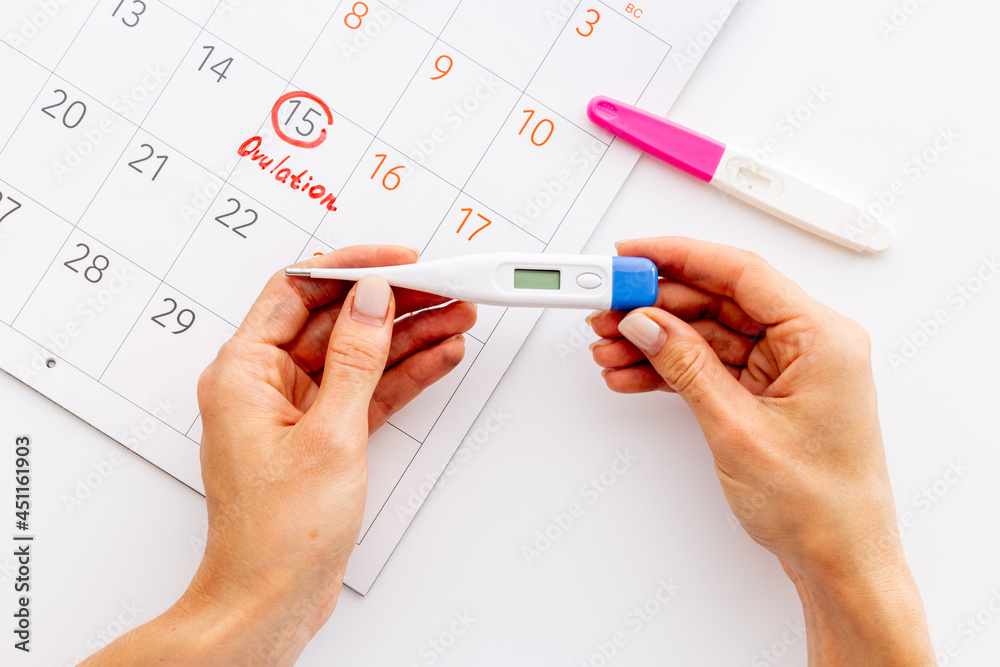 Female hand with thermometer over calendar basal temperature Stock ...