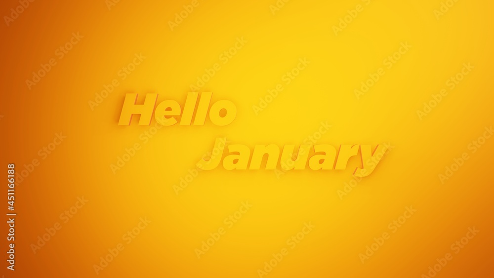 Hello January text in yellow background. 3D Illustration in spotlight ...