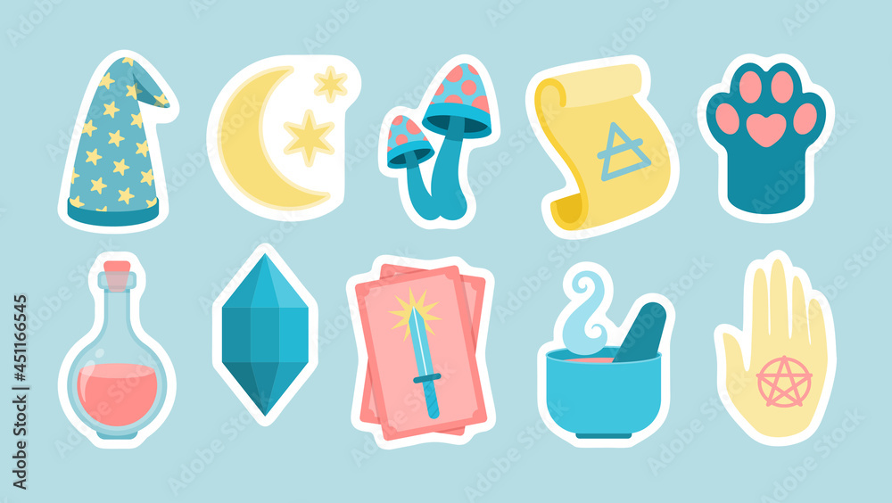 Items for witchcraft ritual stickers. Magic hat with crescent moon ...