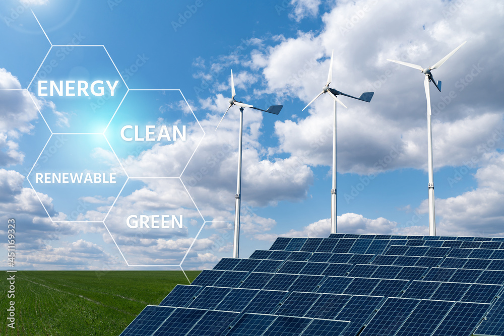 Solar panels and wind turbines with infographics. Clean renewable ...