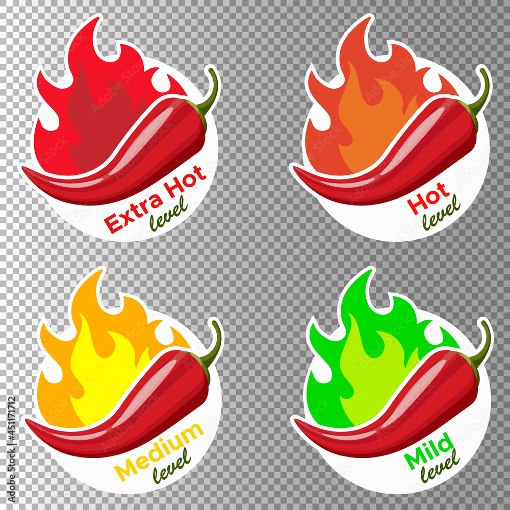 Icons with Chili Pepper Spice Levels. Hot pepper sign with fire flame ...