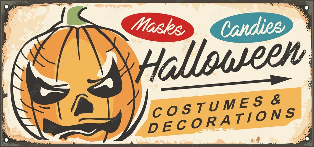 Costumes and decorations retro sign for Halloween shop. Trade sign with ...