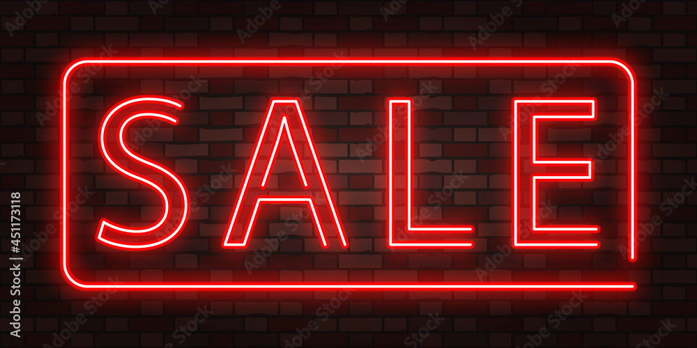 Vector neon Sale sign with colorful red frame on brick background ...