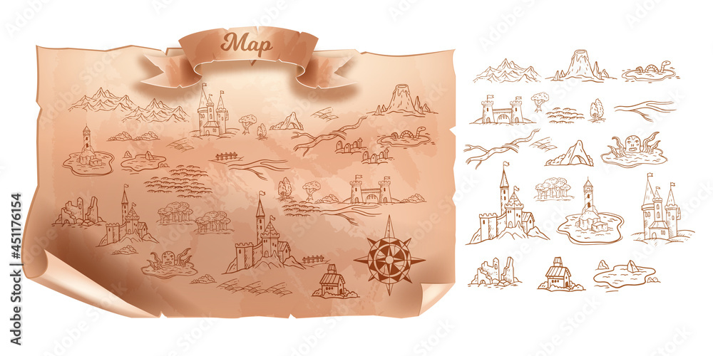 Old map, vector vintage travel cartography paper, antique medieval ...