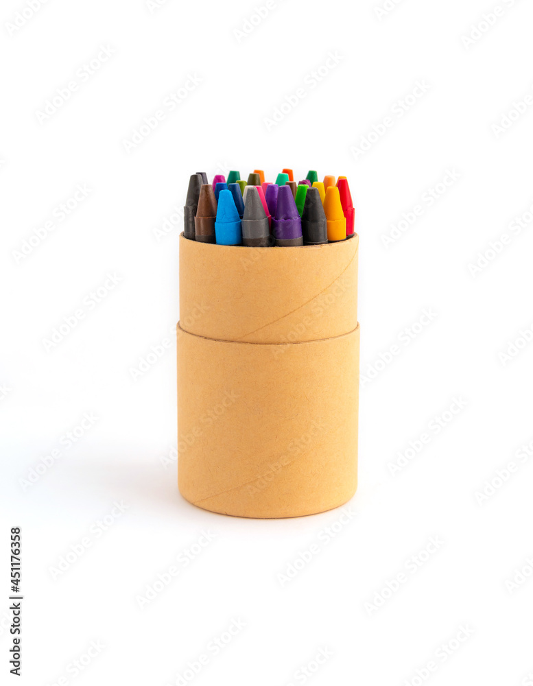 Colored waxy pencils in eco cardboard box isolated on white background ...