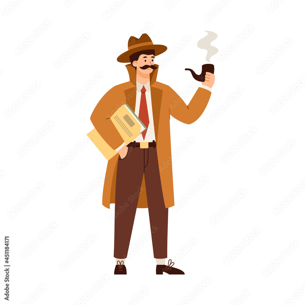 Detective character hold smoking pipe and folder with investigation ...