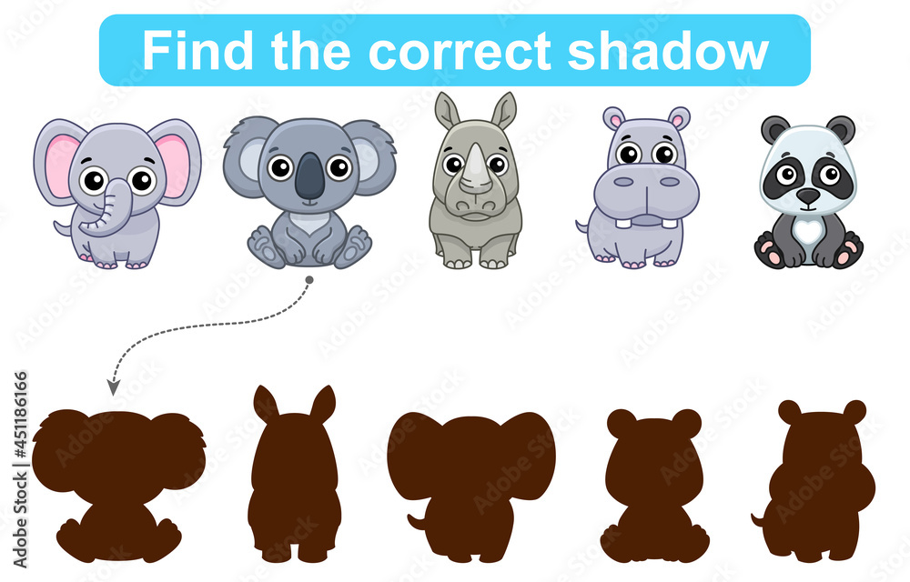 Find correct shadow. Kids educational game. Set of Forest and Zoo ...