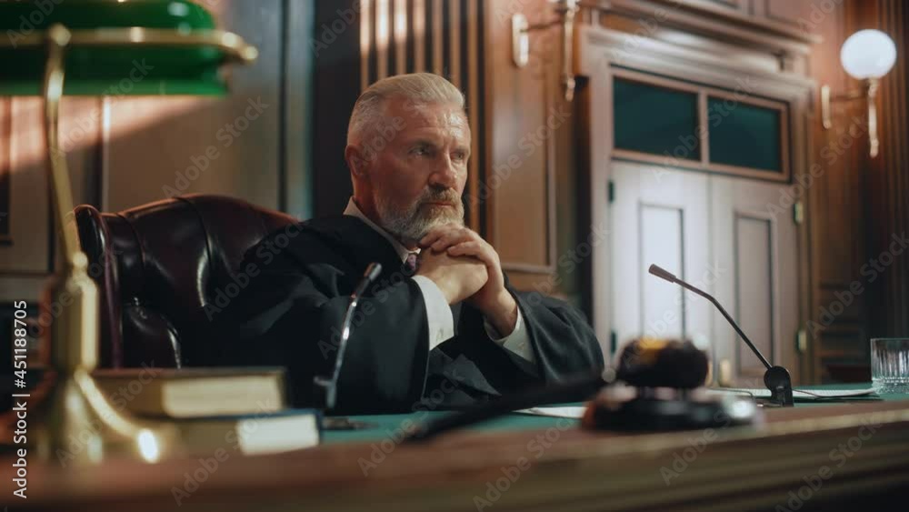 Cinematic Court of Justice Trial: Impartial Male Judge Listening To the ...
