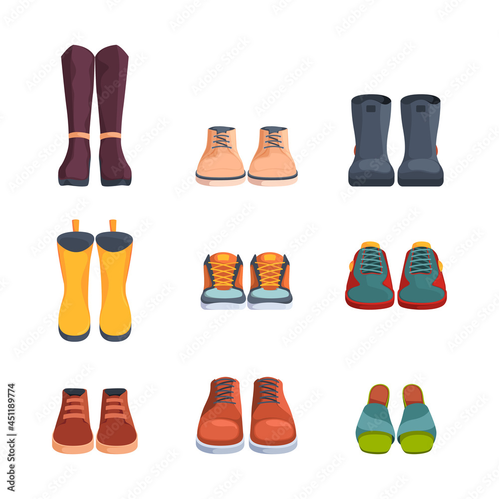 Shoe front view. Fashioned elegant trendy boots and sneakers for men ...