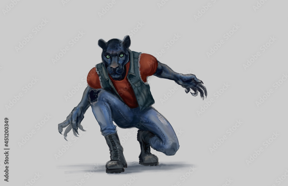 Digital concept painting isolated on white of a werecat in punk clothes ...