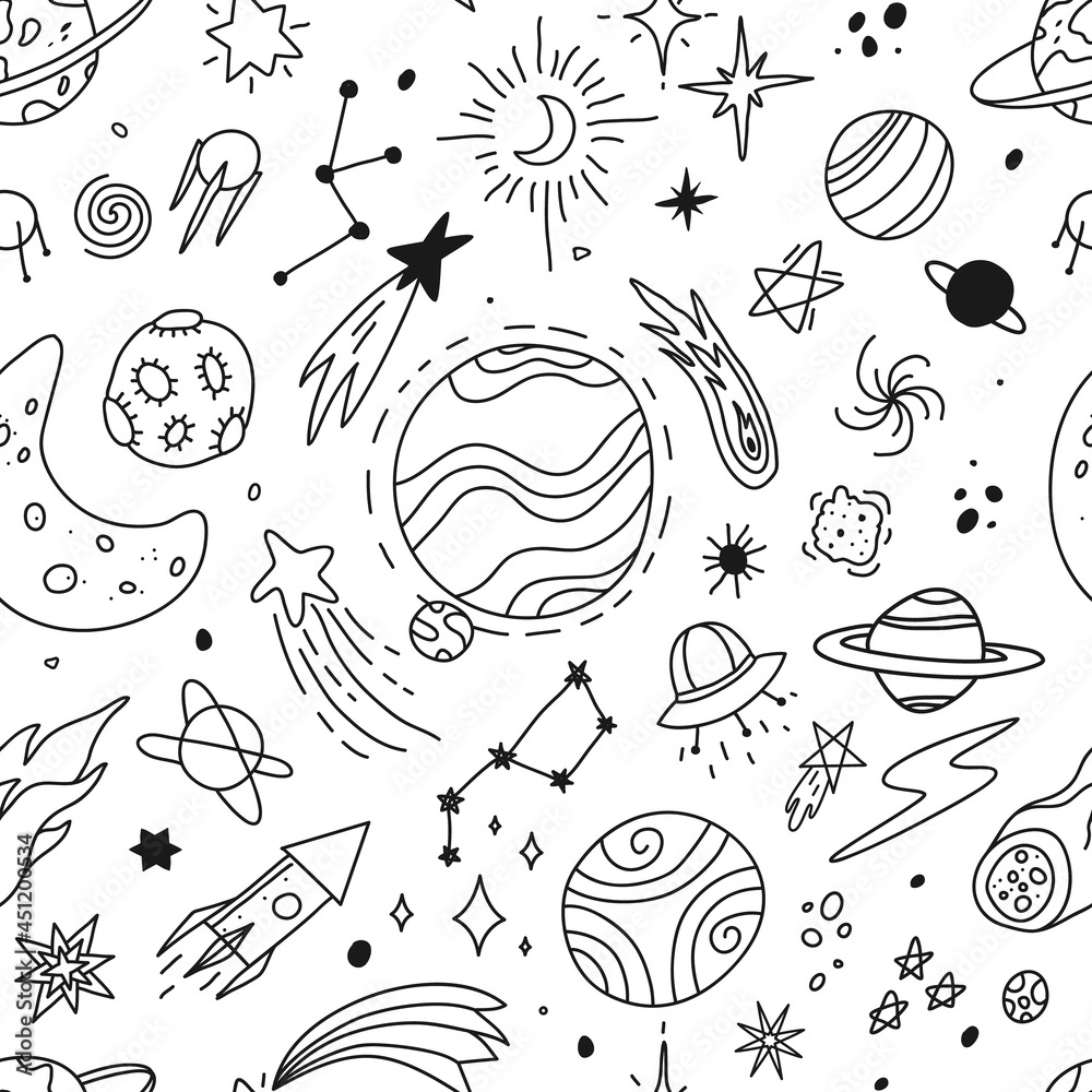 Hand drawn space doodles, universe, planets and stars sketches. Cute ...
