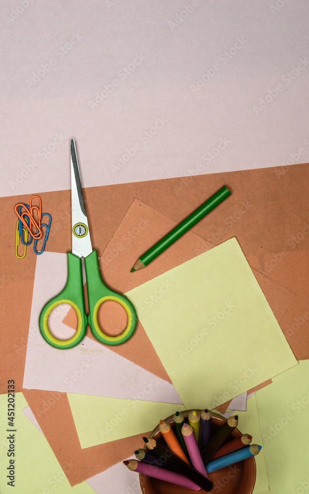 Colour paper, scissors, school stationery supplies, pencils, paint, and ...