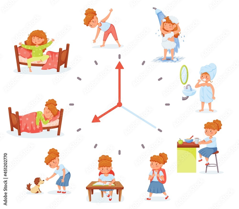 Cartoon cute school girl daily routine activities. Child exercising ...