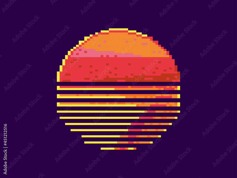 Pixel art 80s sunset. 8-bit sun synthwave and retrowave style. Design ...