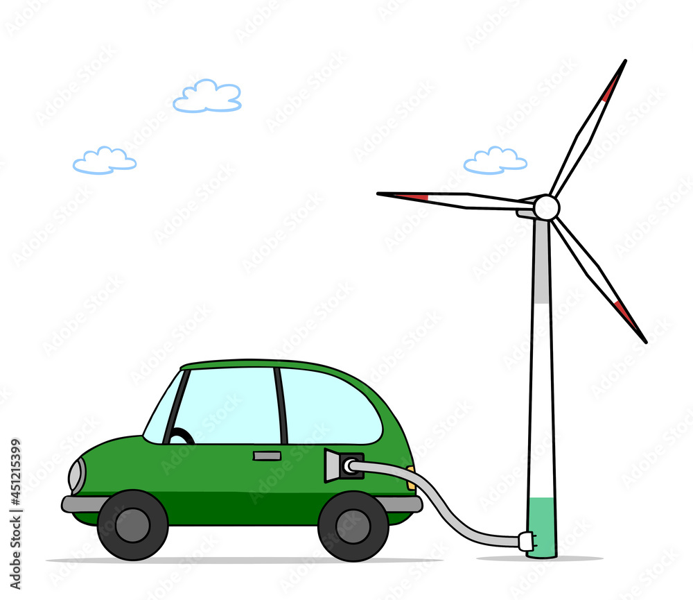E-Auto beim Aufladen mit Windenergie an Windrad Stock Illustration ...