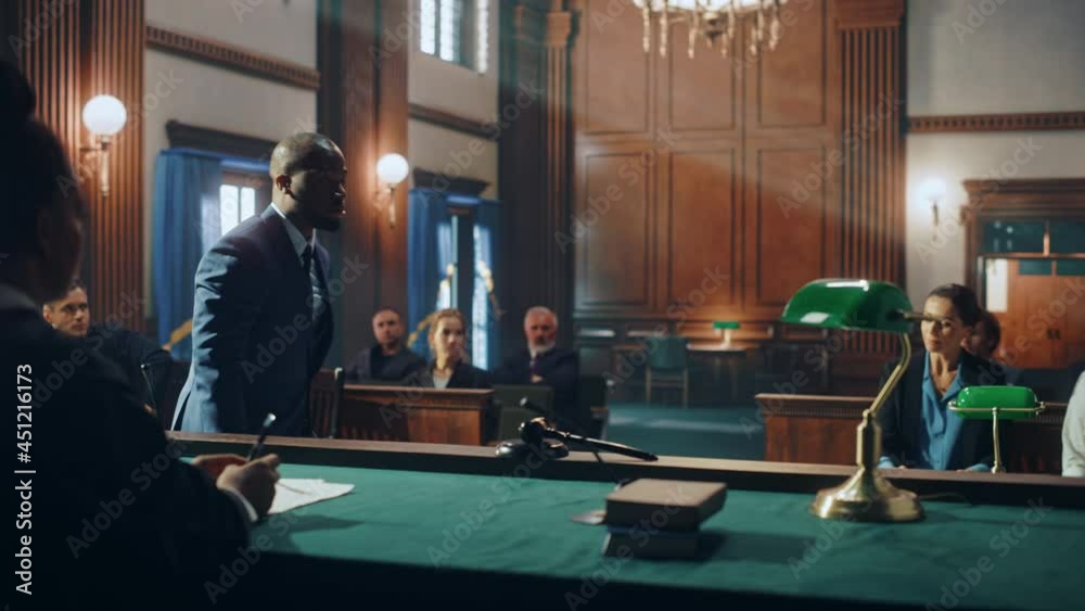 Court of Justice and Law Trial: Male Public Defender Presenting Case ...