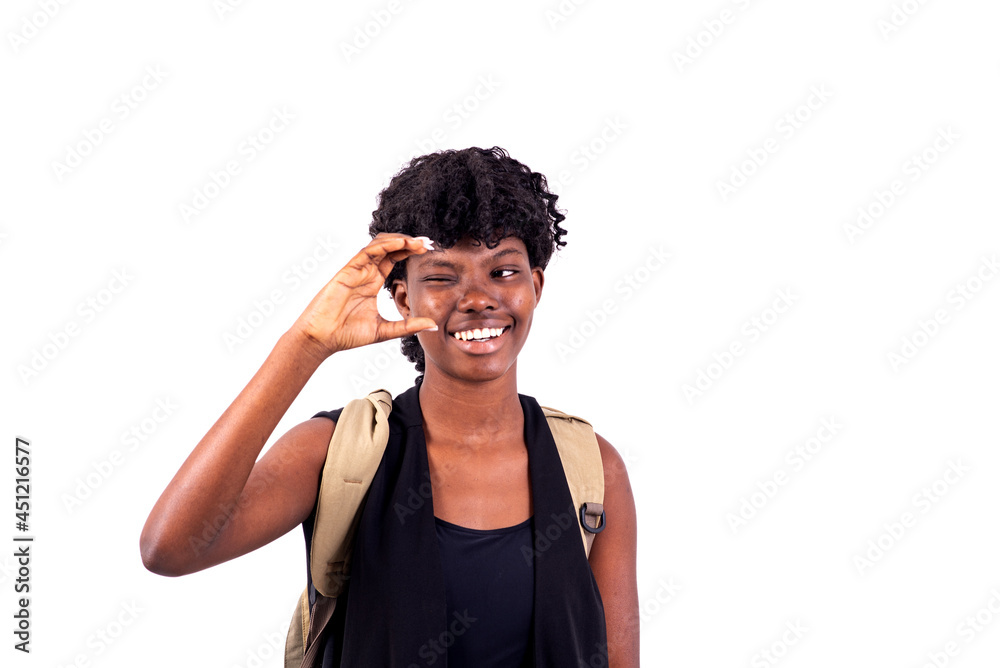 young happy student girl making small-size gesture with fingers smiling ...
