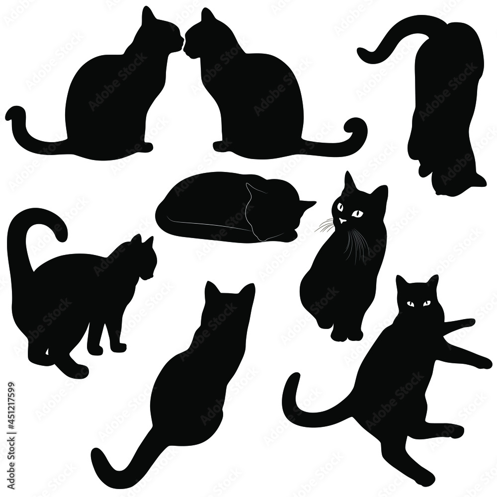 Vector silhouettes of cats. Set of black icon of standing, sitting and ...