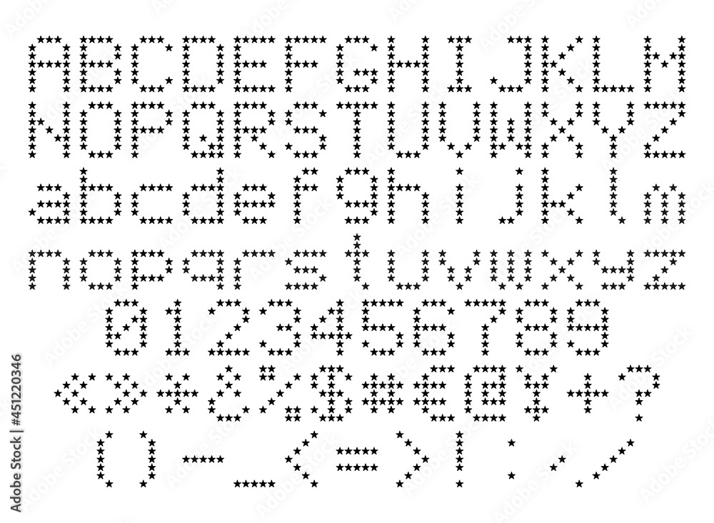 Collection of letters, numbers and punctuation marks in an asterisk ...