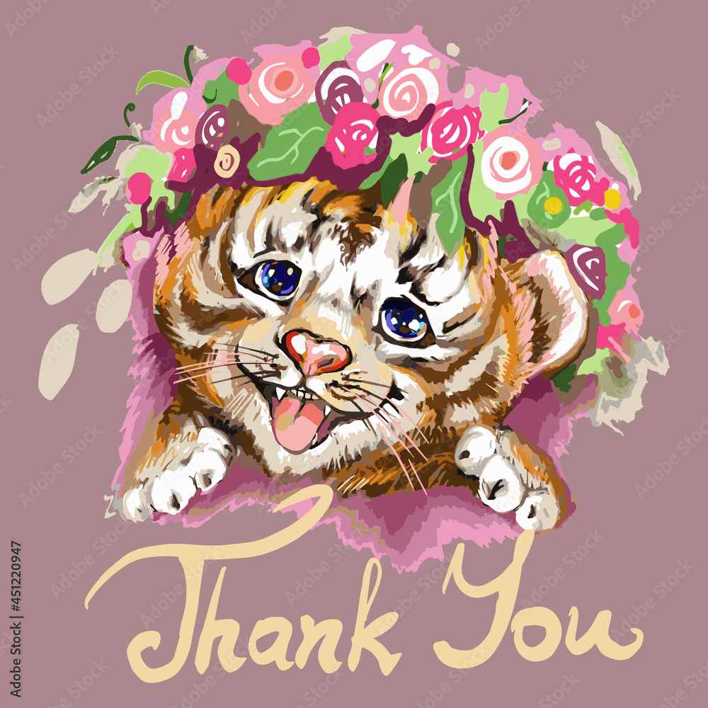 Thank you tiger baby head and flowers. Hand-painted watercolor style ...