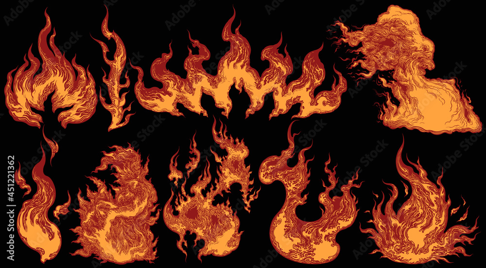 Flames. Design set. Editable hand drawn illustration. Vector engraving ...