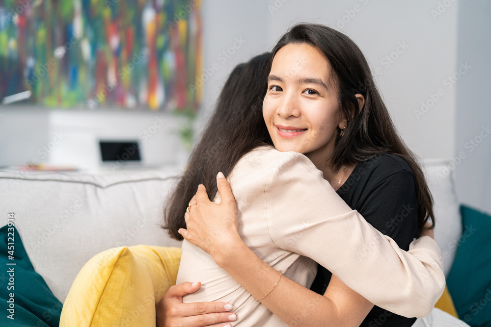 Beautiful Korean, Asian friends meet after a long time in the living ...