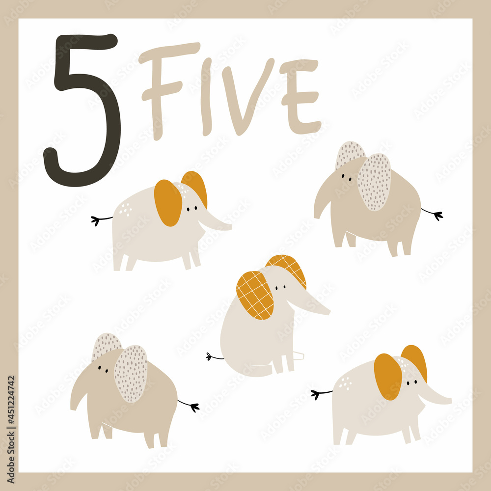 Number five. Cute hand drawn elephants. Vector card for kids with ...