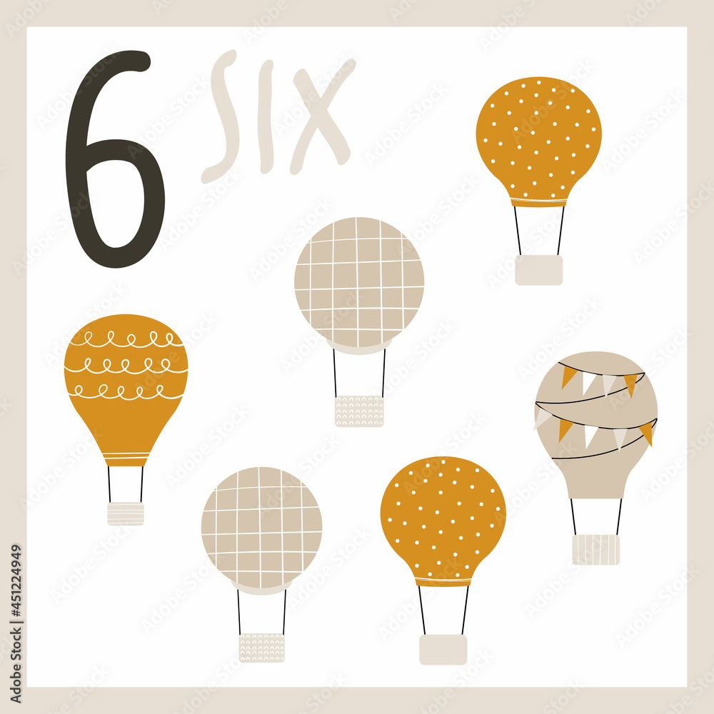 Number six. 6. Cute hand drawn air balloon. Vector card for kids with ...