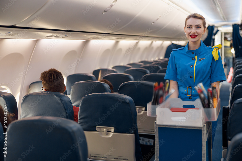 Smiling stewardess serving food to passengers on aircraft. Air hostess ...
