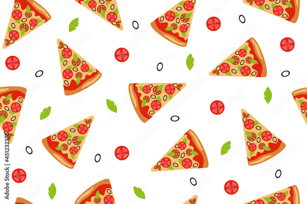 Seamless pattern with pizza slices, tomatoes and lettuce leaves on ...